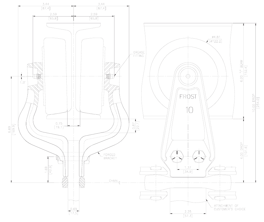 6” I-BEAM — TROLLEY X458 (6” Over 4”) Chain — Horizontal Hole — 10 ...